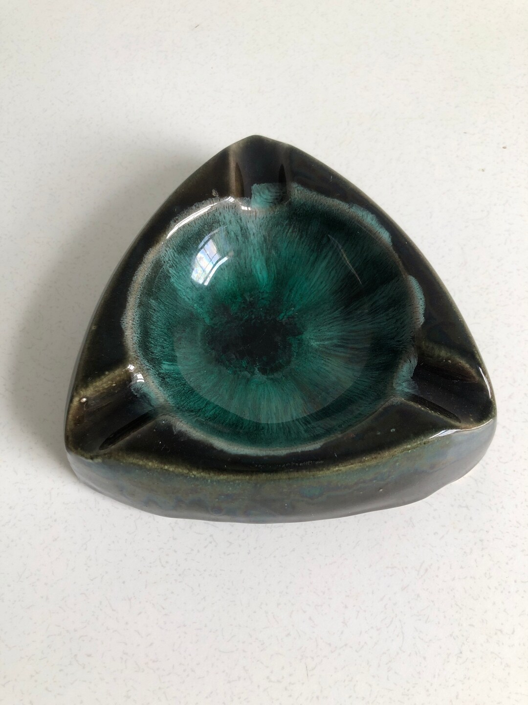Vintage Green Glazed Triangle Pottery Ashtray - Etsy