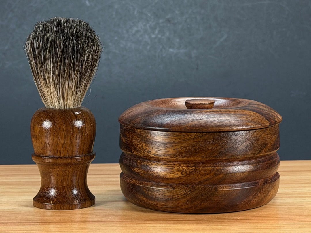 Handmade Wood Shaving Set: Bowl With Lid, Badger Hair Shave Brush 2PCS ...