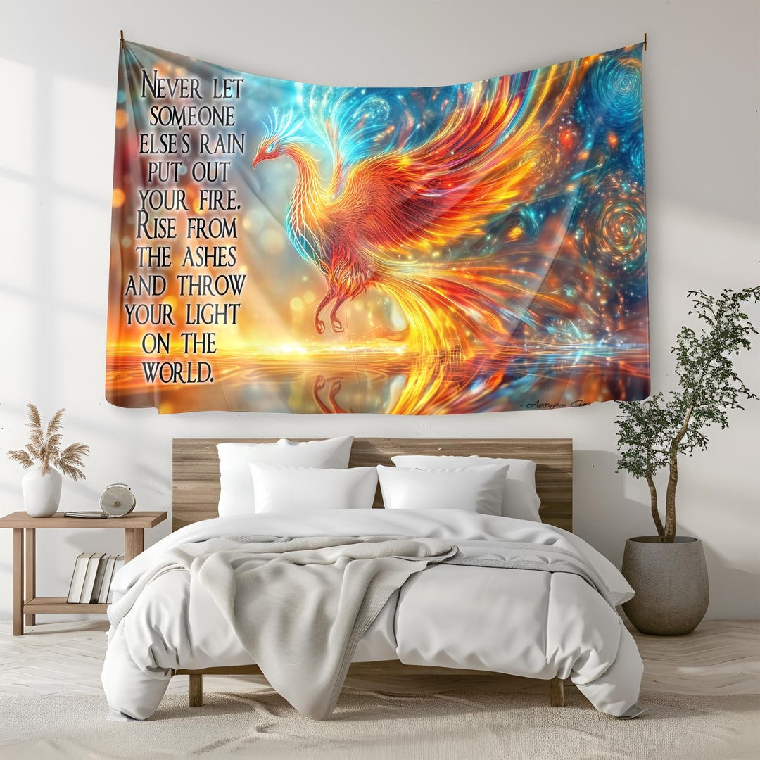 Throw Your Light Phoenix Rising Wall Tapestry - Boho Fire Bird Art ...