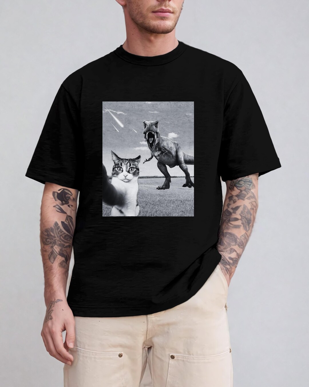 Cat & T-rex Selfie Tee, Funny Graphic Unisex Shirt, Meteor Dinosaur ...