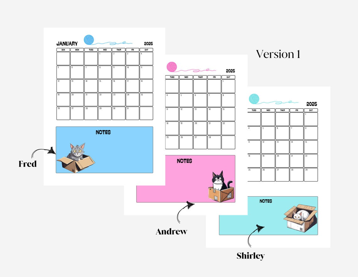 2025 Printable Calendars Cat-themed 2 Version Bundle - Etsy