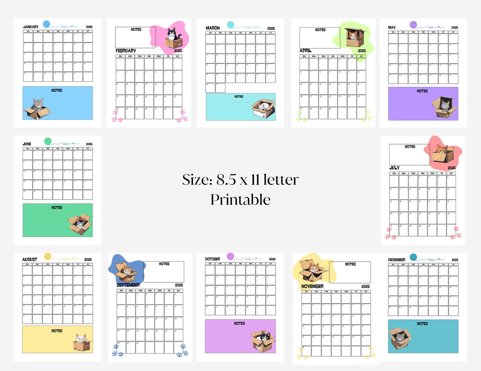 2025 Printable Calendars Cat-themed 2 Version Bundle - Etsy