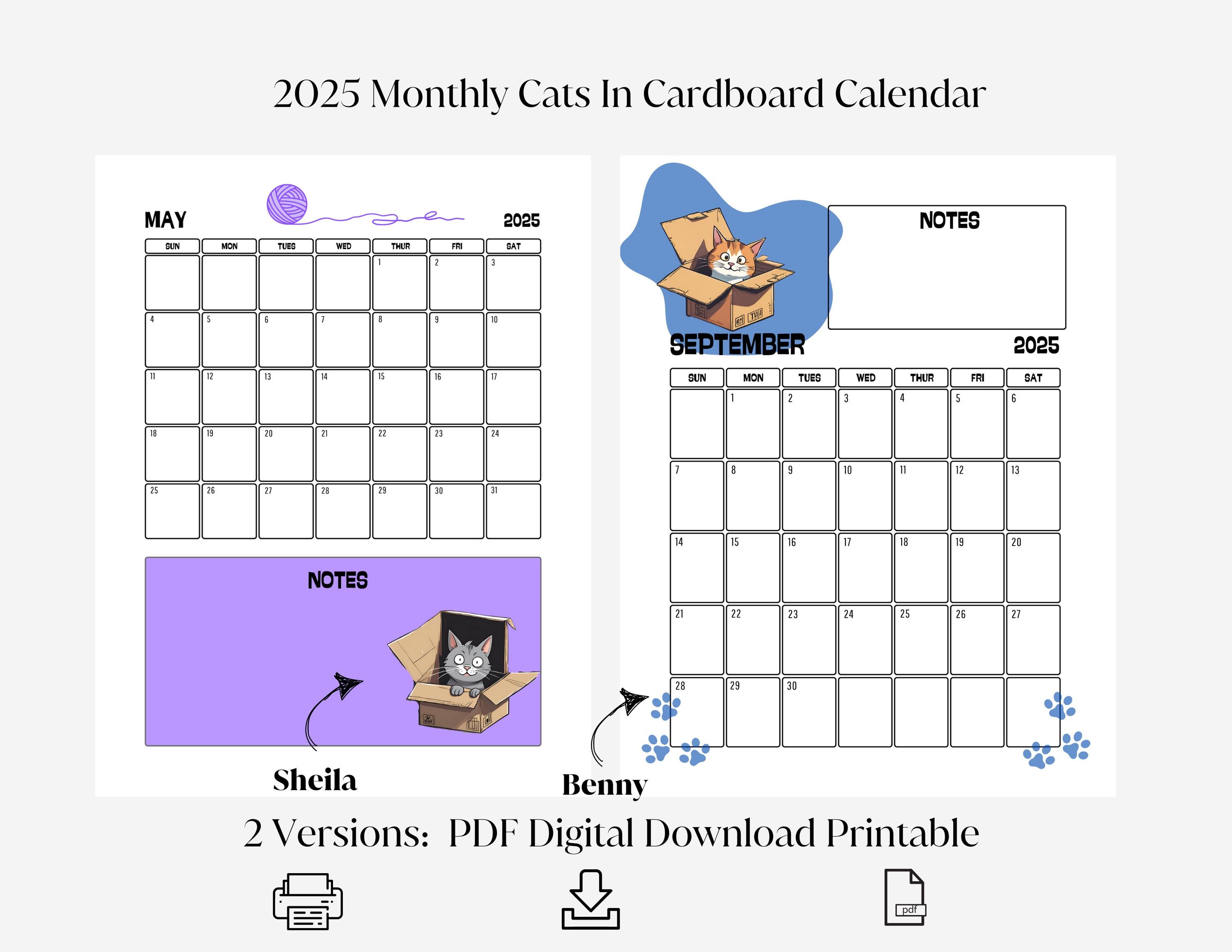 2025 Printable Calendars Cat-themed 2 Version Bundle - Etsy