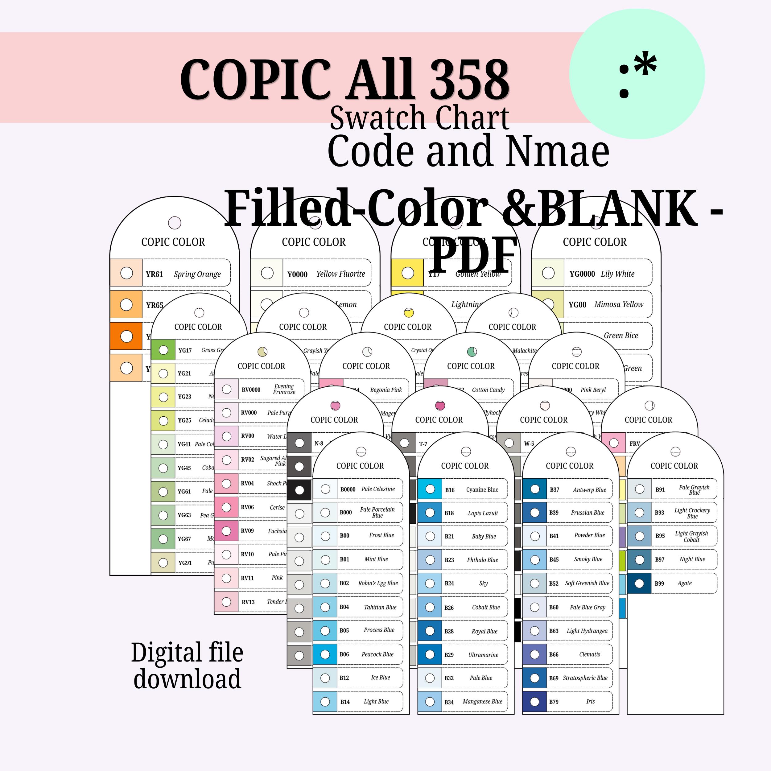 Copic All 358 Pastel Color Palette Swatch Chart Printable PDF A4 Letter ...