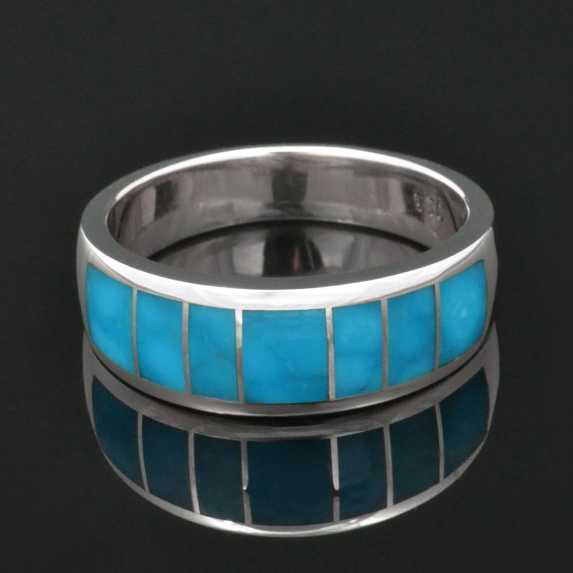 Turquoise Wedding Ring Inlaid With Birds Eye Turquoise From Kingman ...
