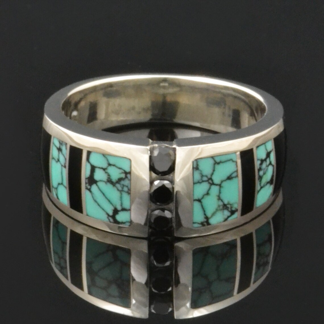 Ladies Black Diamond Ring Inlaid With Spiderweb Turquoise and Onyx by ...