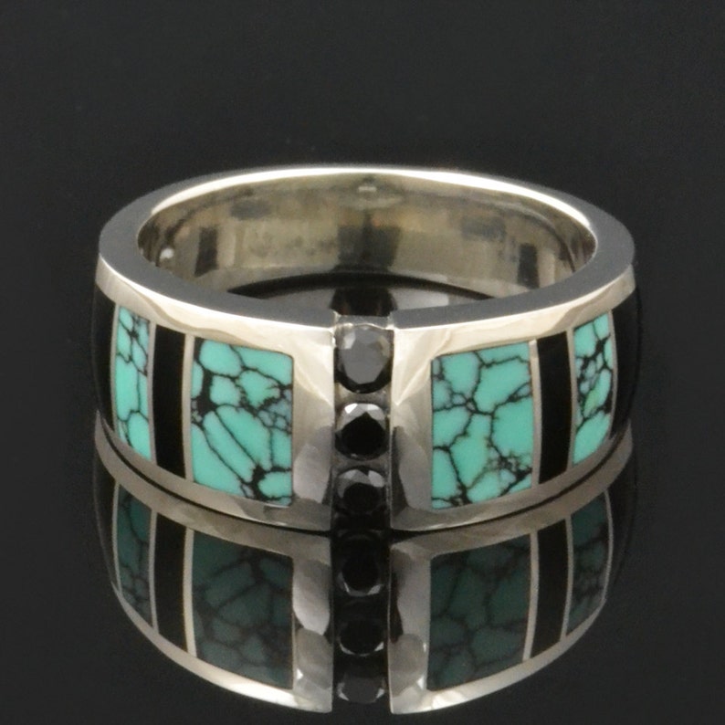 Ladies Black Diamond Ring Inlaid With Spiderweb Turquoise and - Etsy