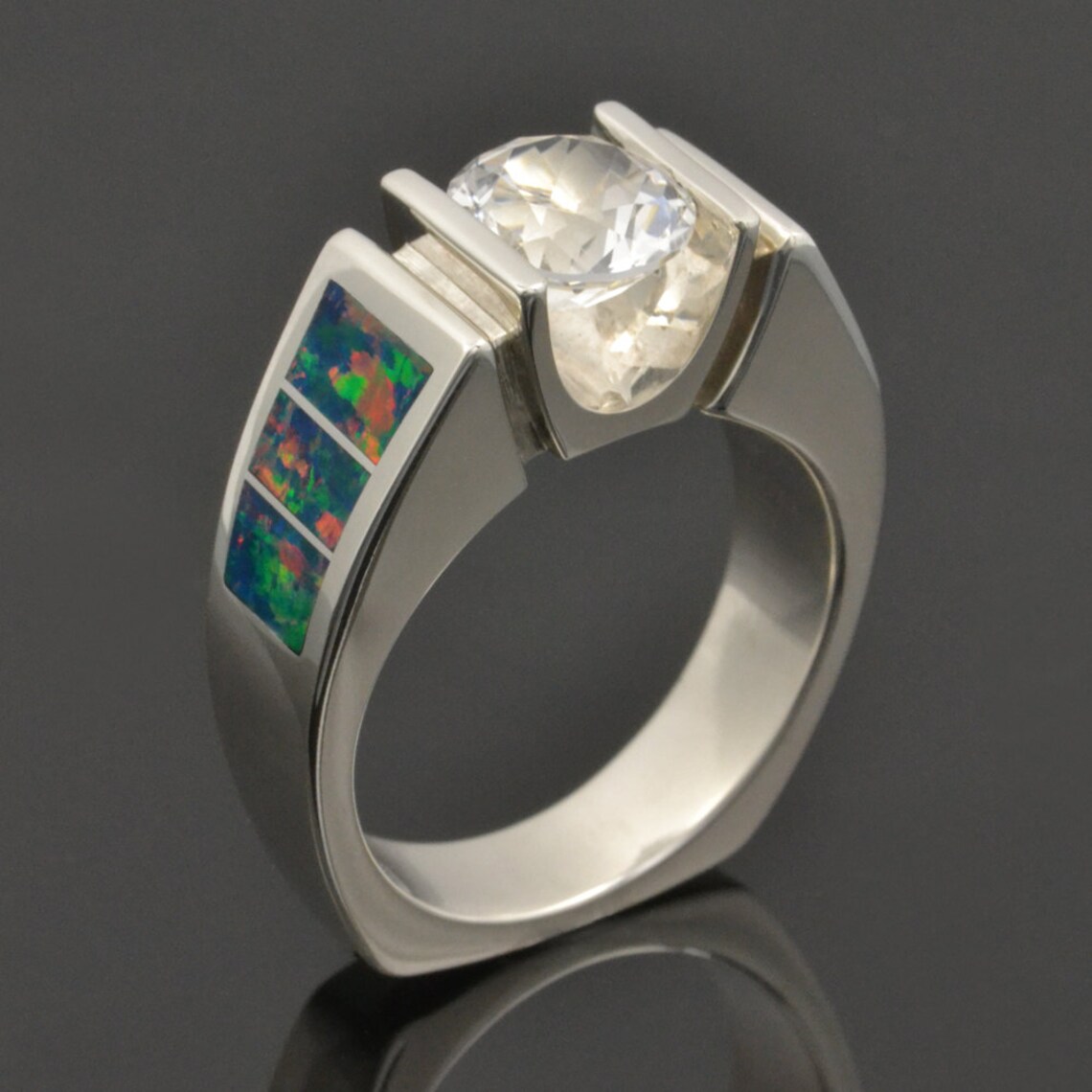 Lab Created Opal Ring With White Topaz in Sterling Silver | Etsy