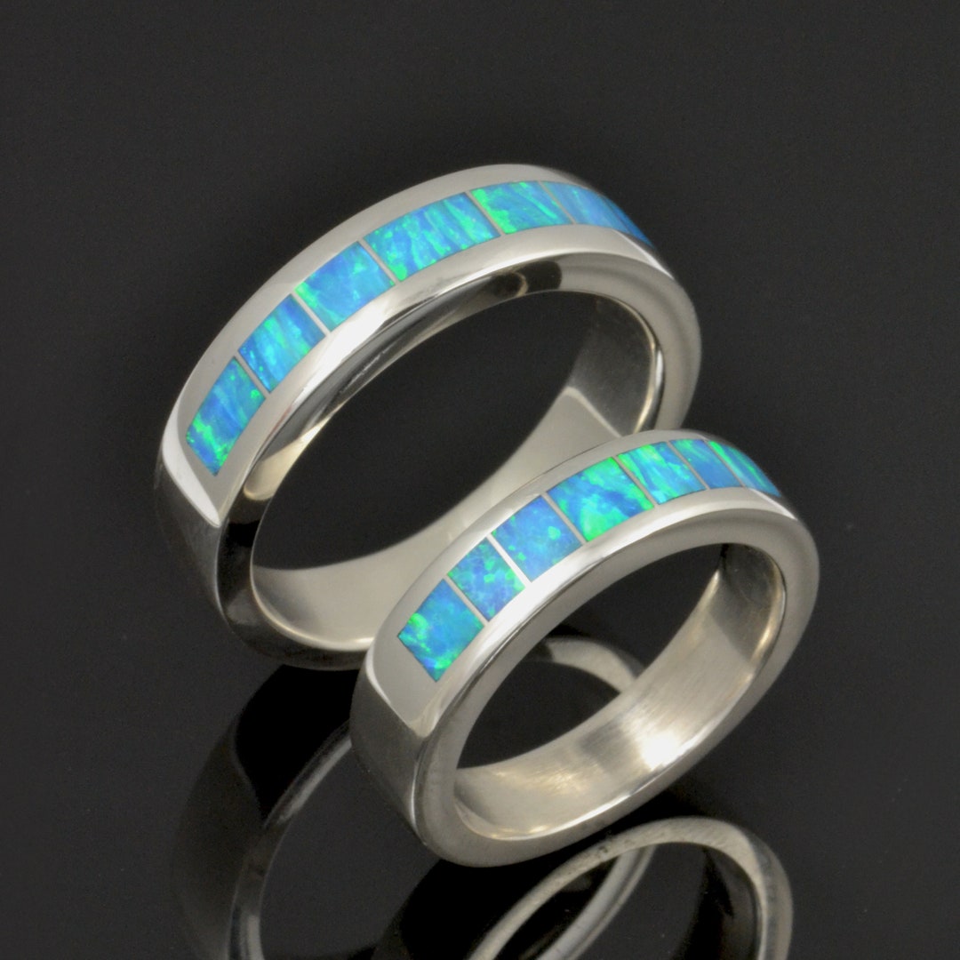 Lab Opal Wedding Ring Set Featuring Lab Created Opal Inlaid in Sterling ...