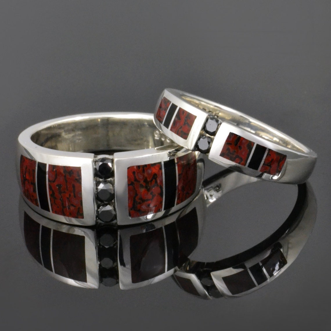 Dinosaur Bone Wedding Ring Set With Black Diamonds in Sterling | Etsy