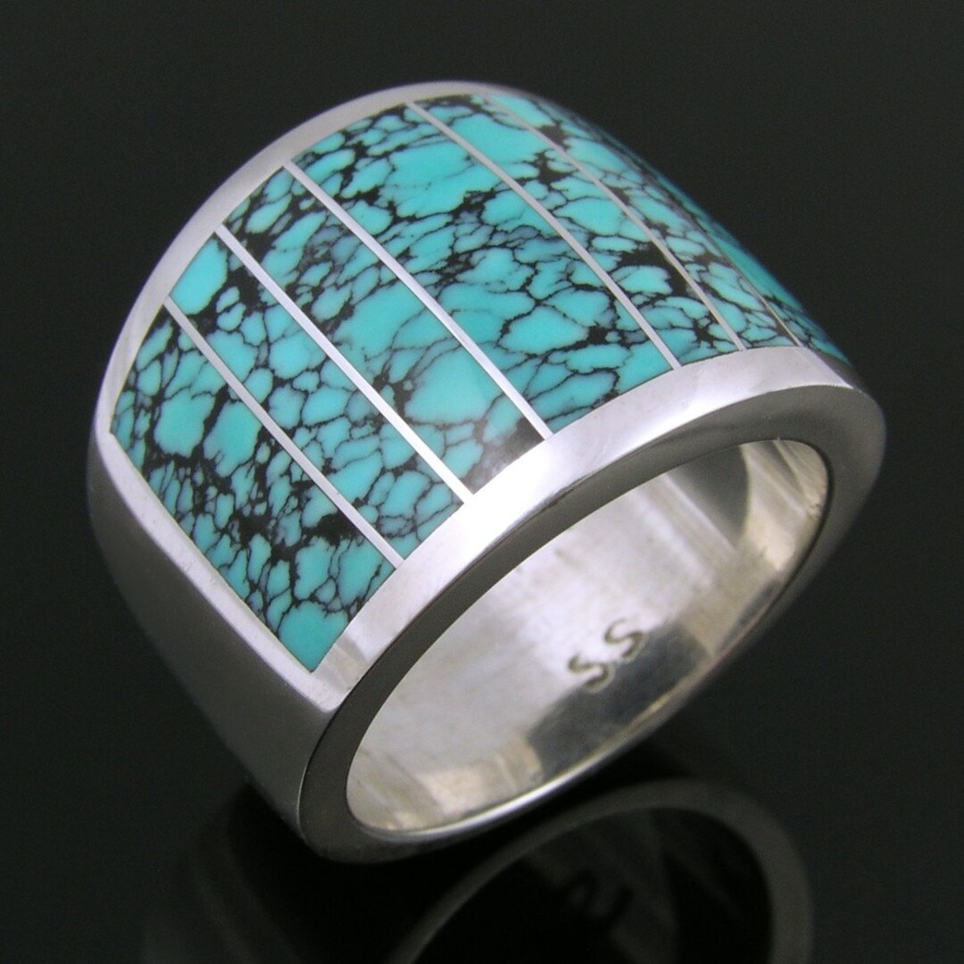 Spiderweb Turquoise Ring in Sterling Silver, Turquoise Inlay Ring ...