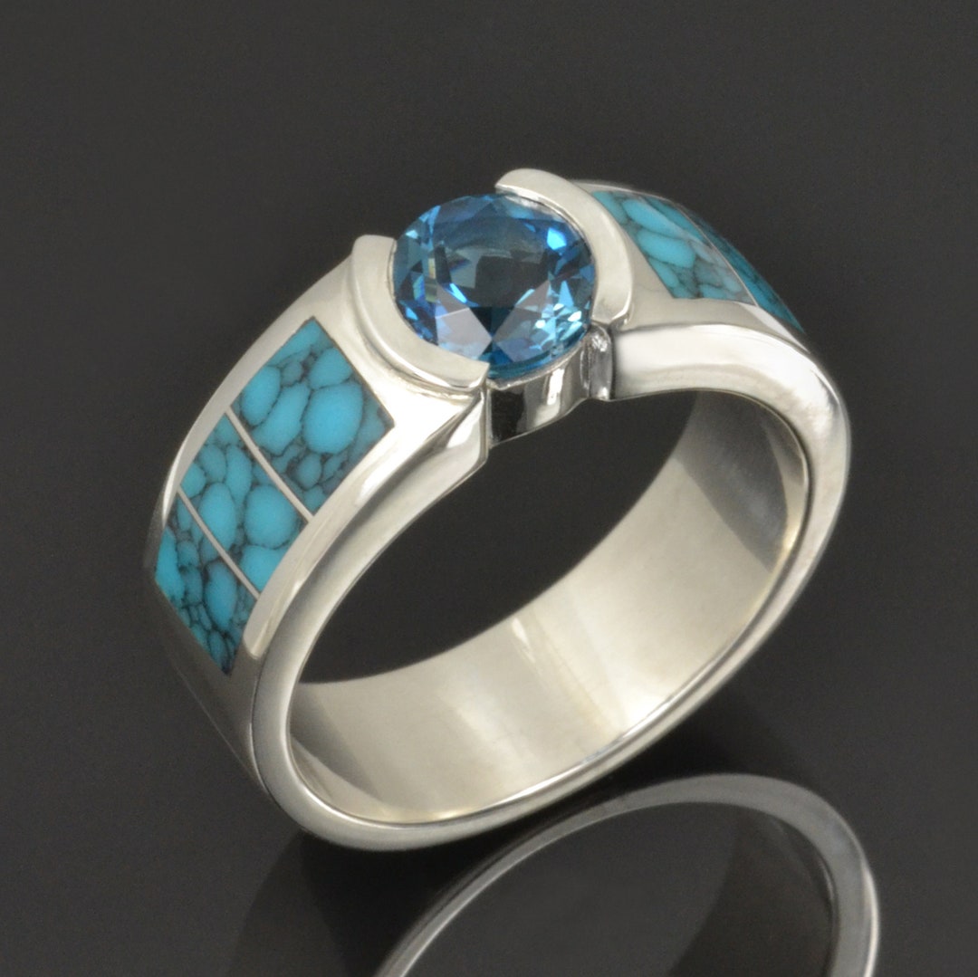 Turquoise Wedding Band for Men With Blue Topaz in Sterling Silver by ...