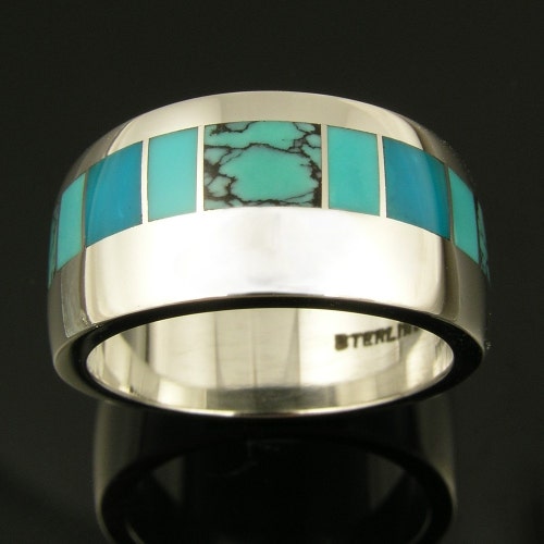 Diamond and Turquoise Wedding Band for Men in Sterling Silver - Etsy