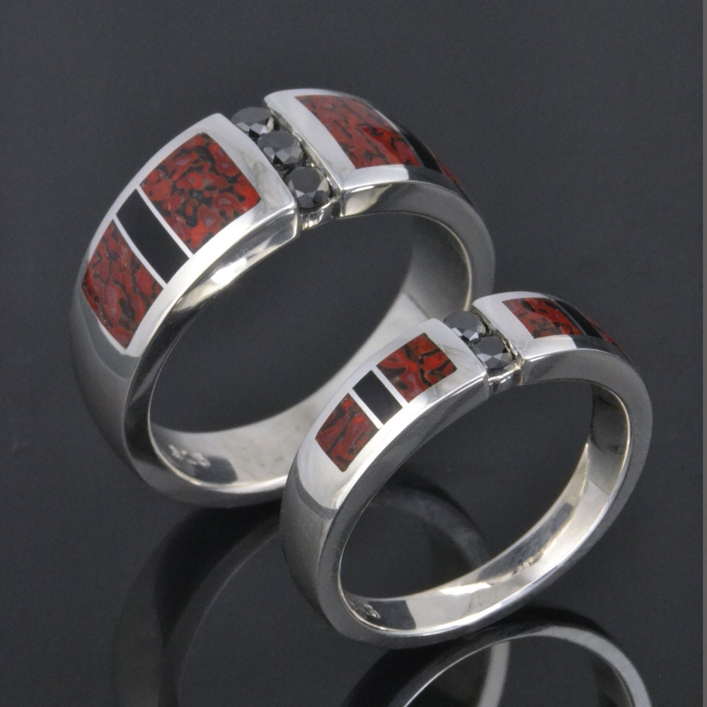 Dinosaur Bone Wedding Ring Set With Black Diamonds in Sterling | Etsy