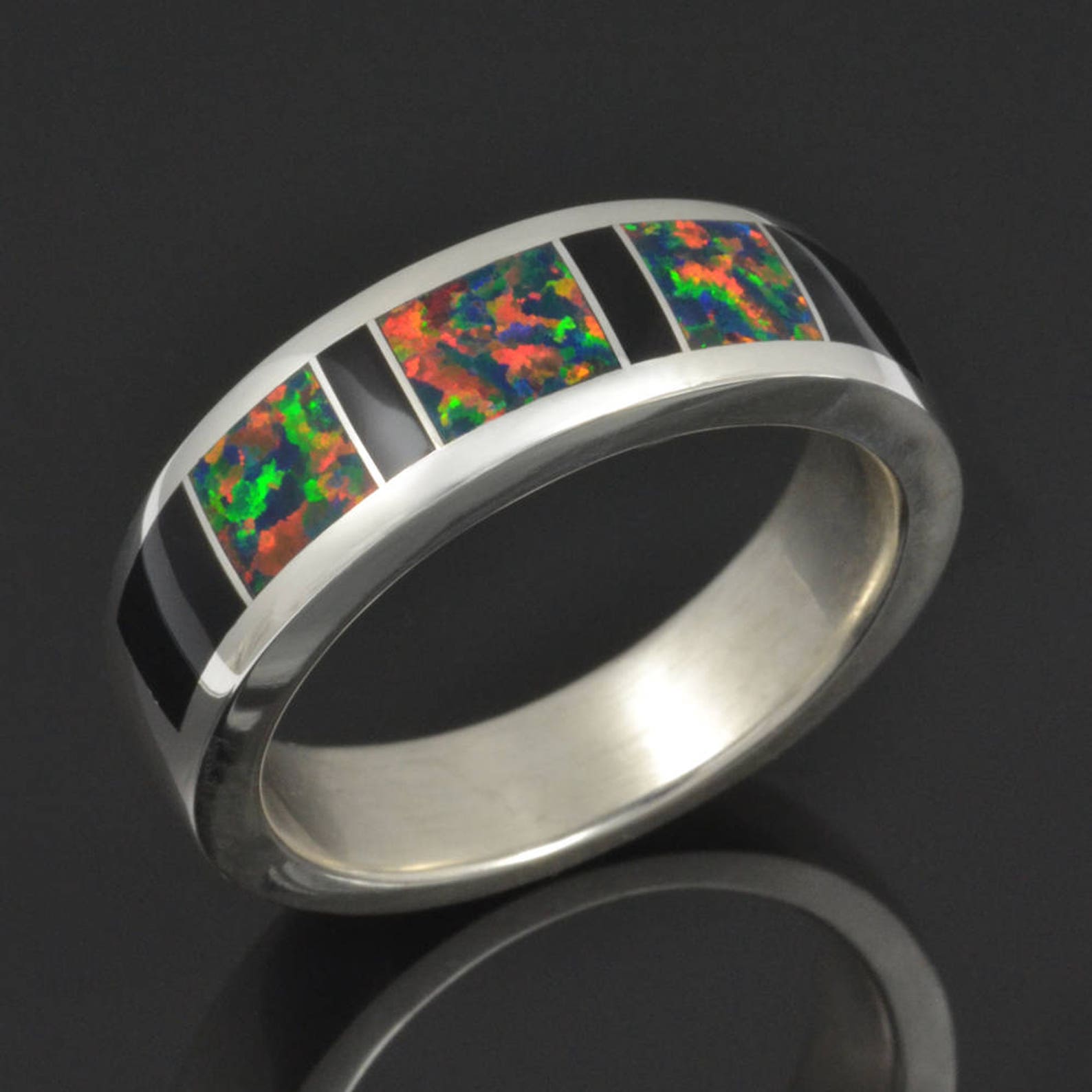 Men's Lab Opal Ring With Black Onyx in Sterling Silver - Etsy