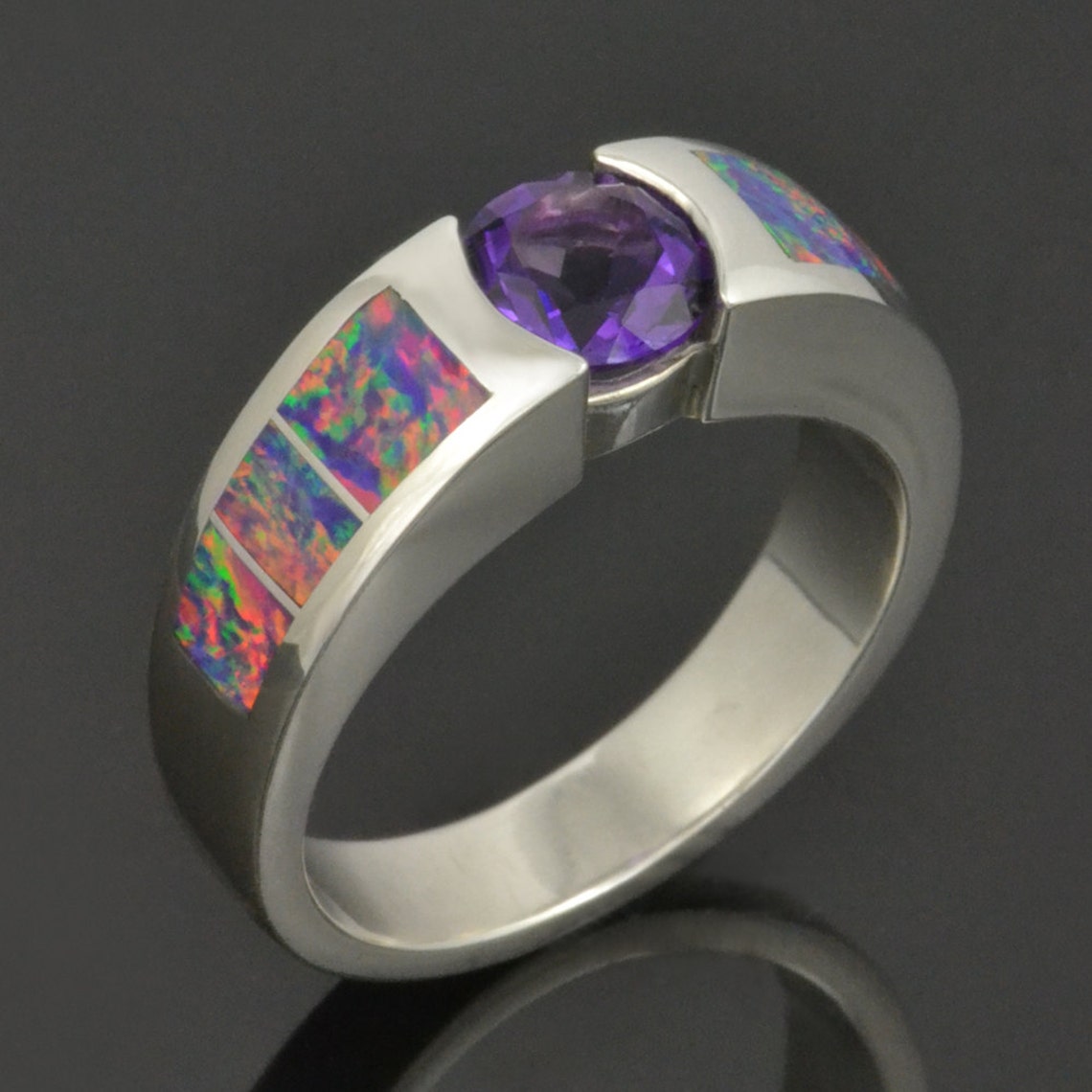Lab Created Opal Ring With Amethyst Center Stone in Sterling - Etsy
