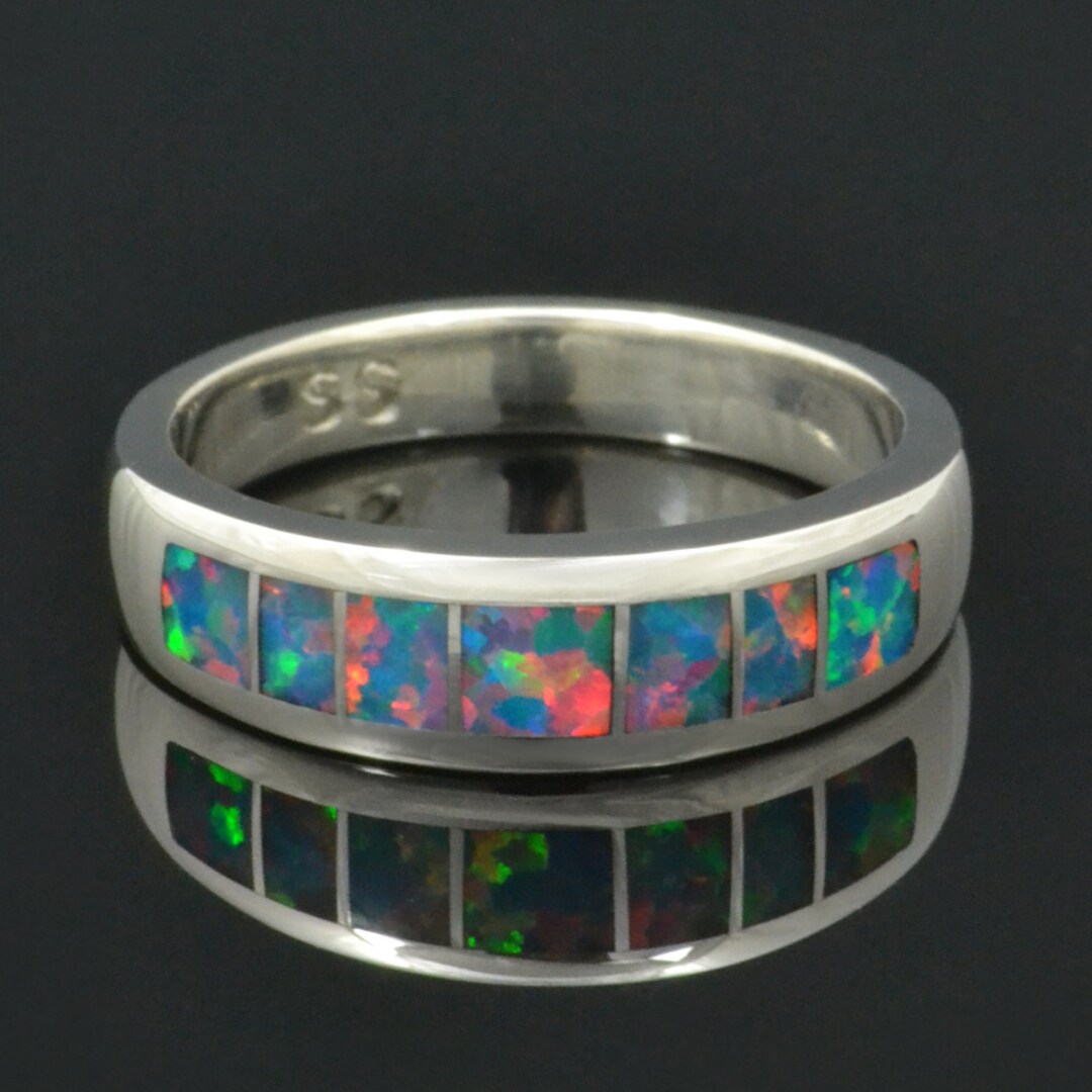 Lab Created Opal Wedding Ring in Sterling Silver, Lab Opal Ring, Lab ...