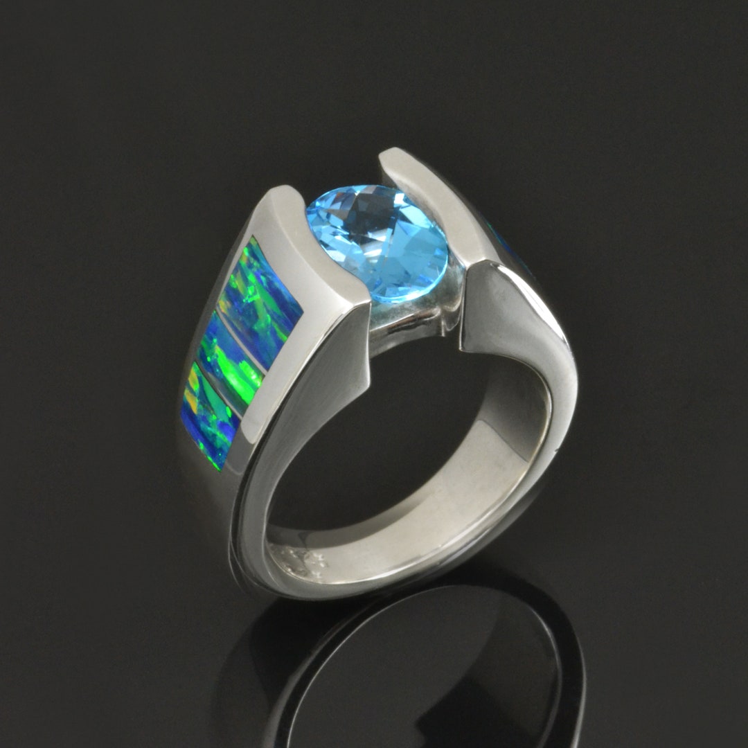 Lab Opal Ring With Blue Topaz in Sterling Silver - Lab Opal Engagement ...
