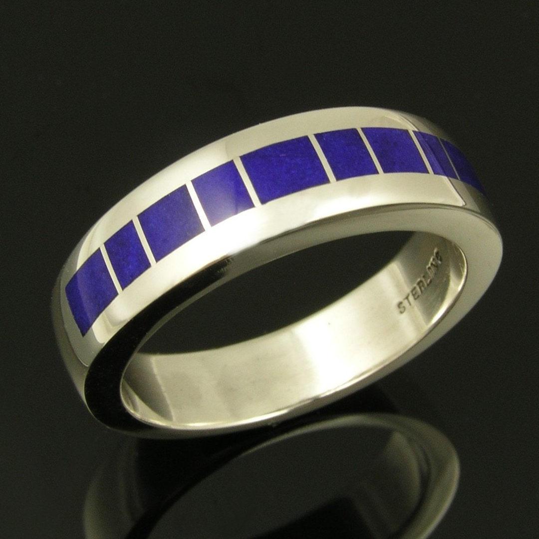 Lapis Wedding Ring in Sterling Silver, Man's Lapis Ring, Lapis Inlay Ring, Lapis Wedding Ring ...
