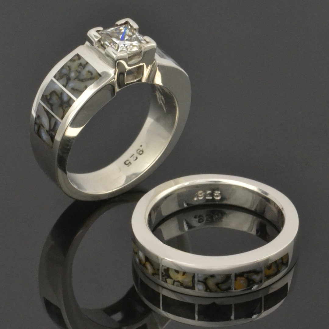 Dinosaur Bone Wedding Ring and White Sapphire Engagement Ring Set ...