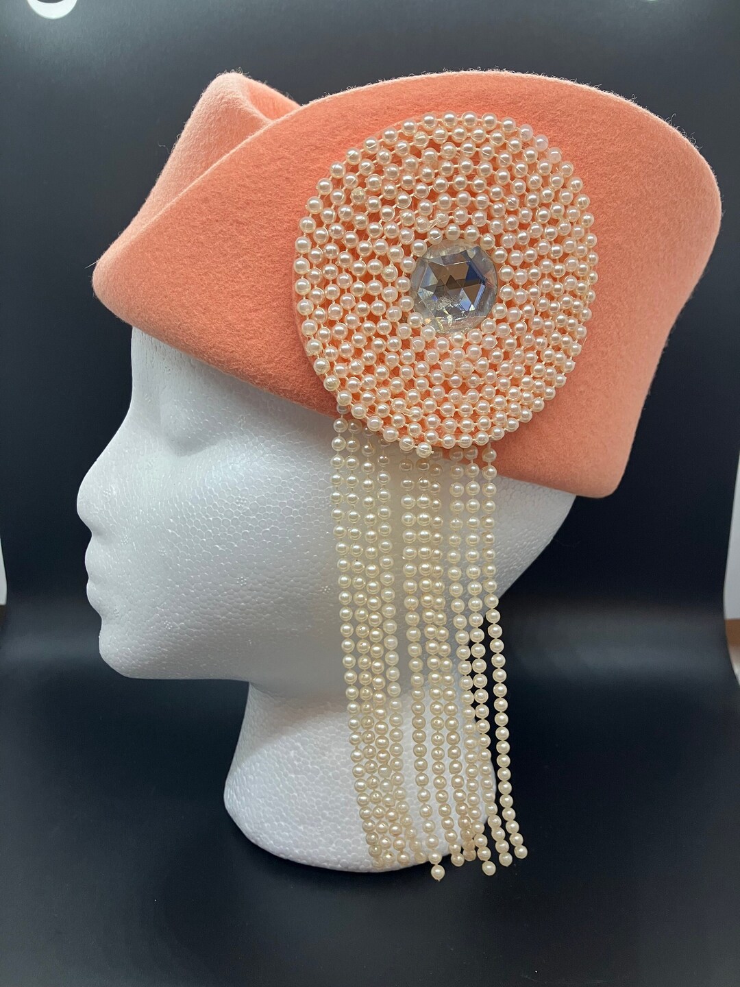 Vintage Wool Pale Peach Hat With Pearl and Rhinestone Accent - Etsy