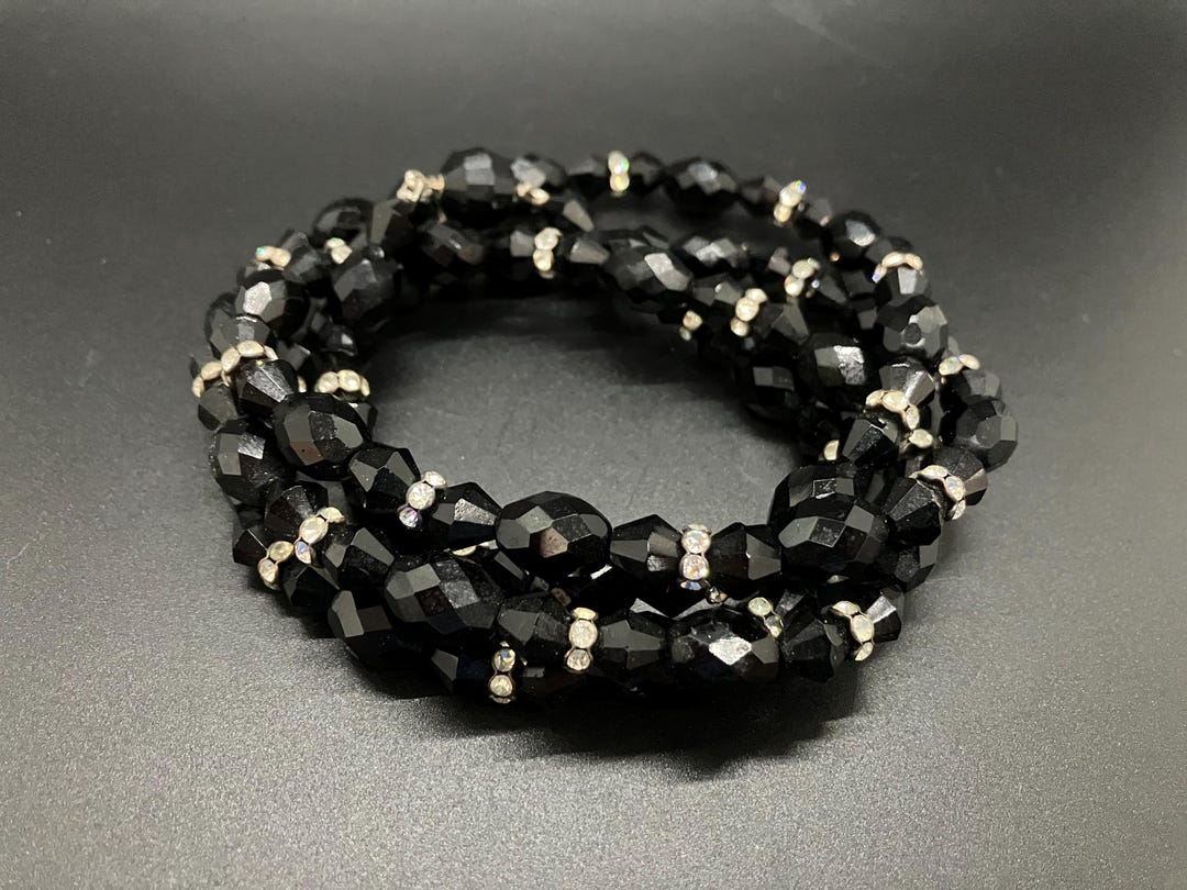Vintage Cut Glass Black Convertible Necklace With Rhinestone Rondelles ...