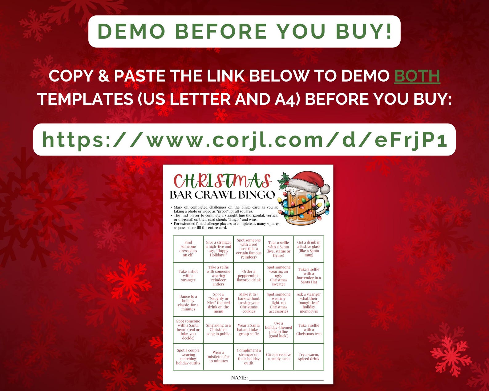 Editable Christmas Bar Crawl Bingo | Christmas Bar Crawl Bingo in US ...