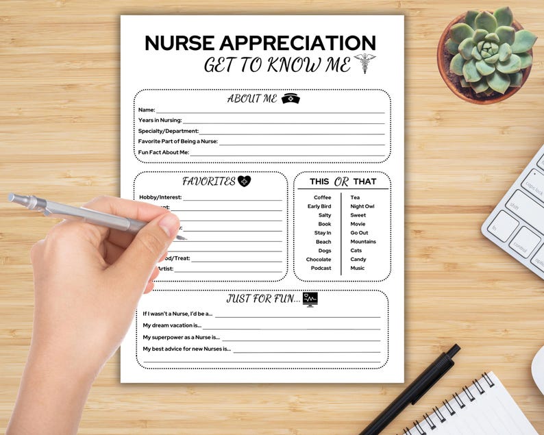 Fillable Nurse Appreciation Get to Know Me Survey, Nurse Appreciation ...