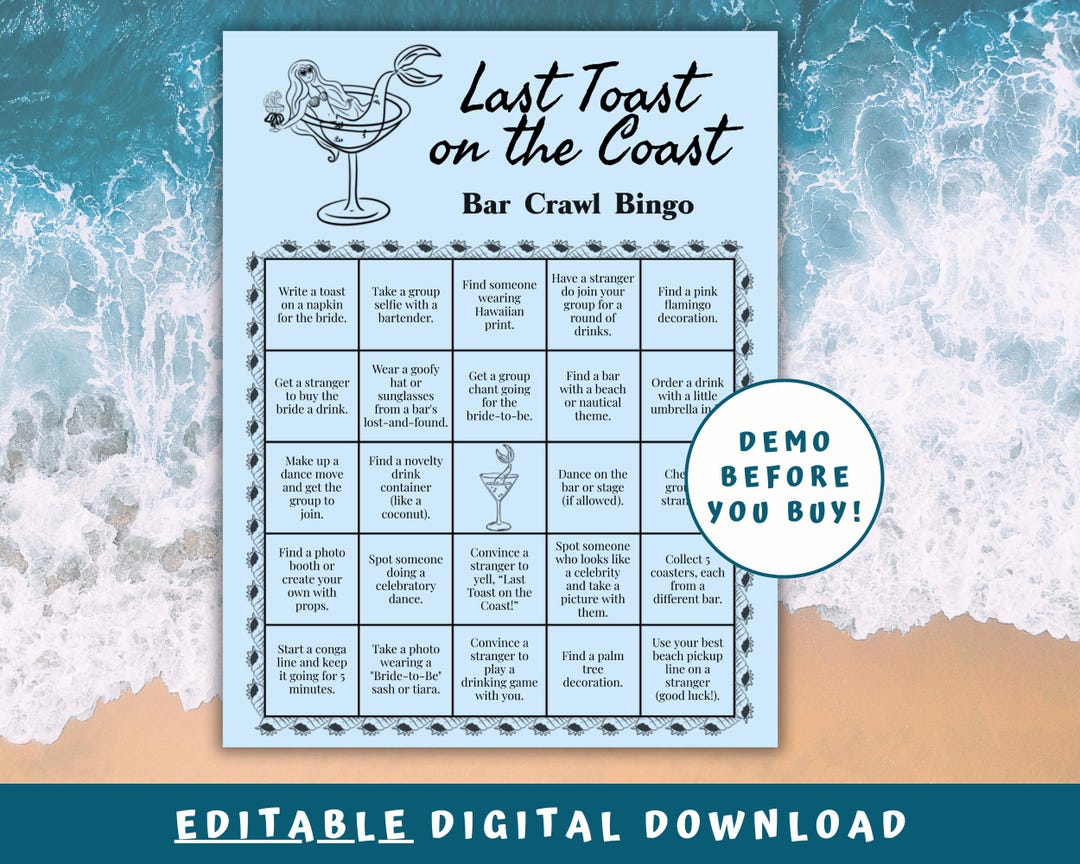 Last Toast on the Coast Bar Crawl Bingo | Editable Bachelorette Bar ...