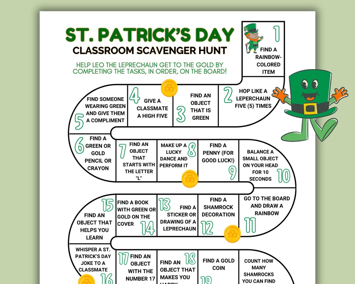 St Patrick's Day Classroom Scavenger Hunt, Printable St Patrick's Day ...