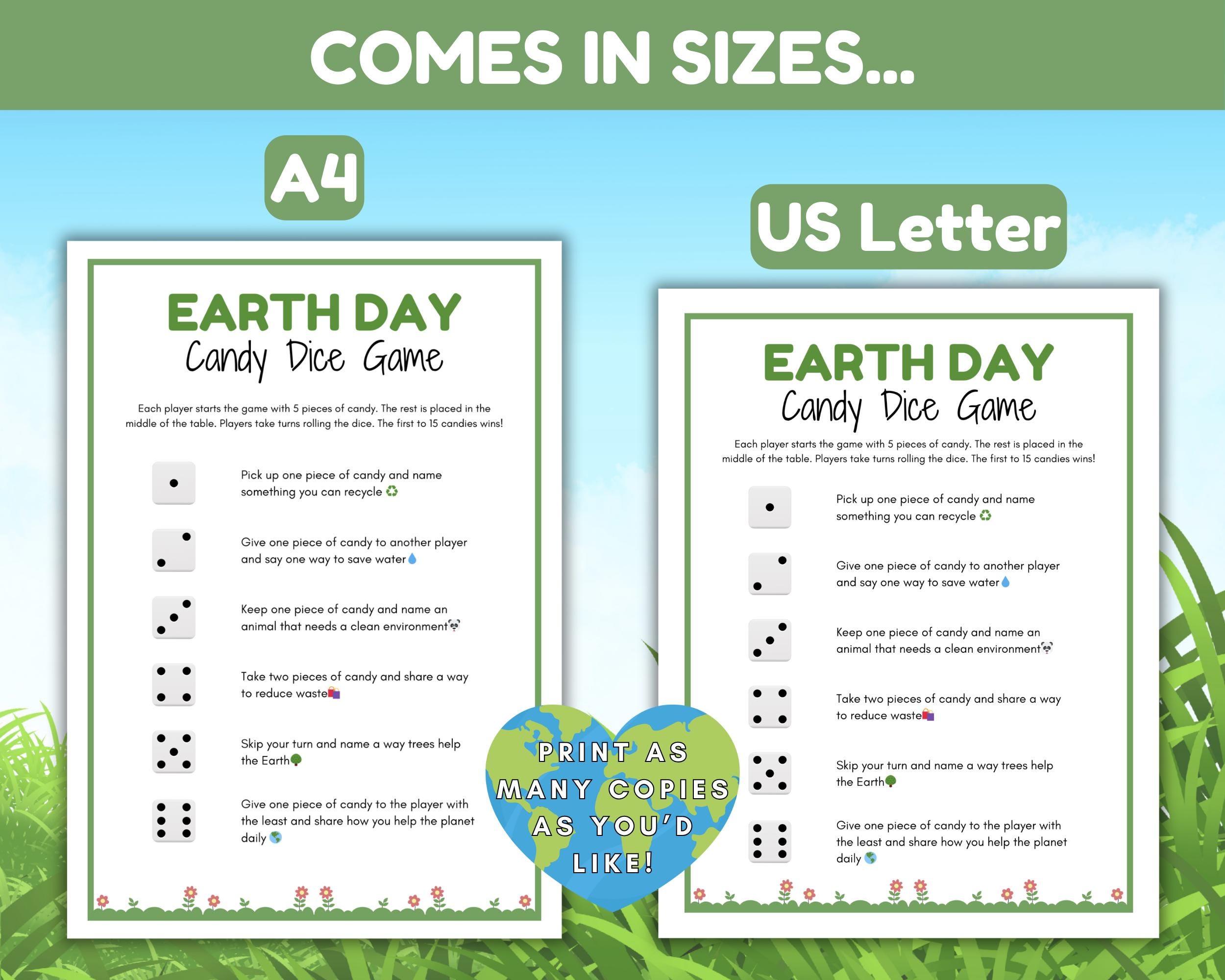 Earth Day Candy Dice Game for Kids, Printable Earth Day Candy Dice Game ...