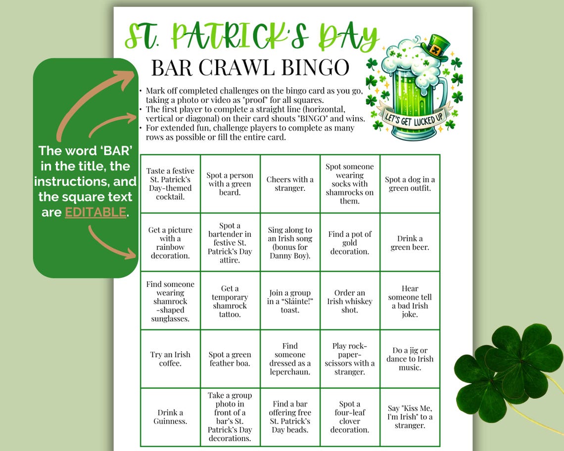Editable St. Patrick's Day Bar Crawl Bingo | St. Patrick's Day Pub ...