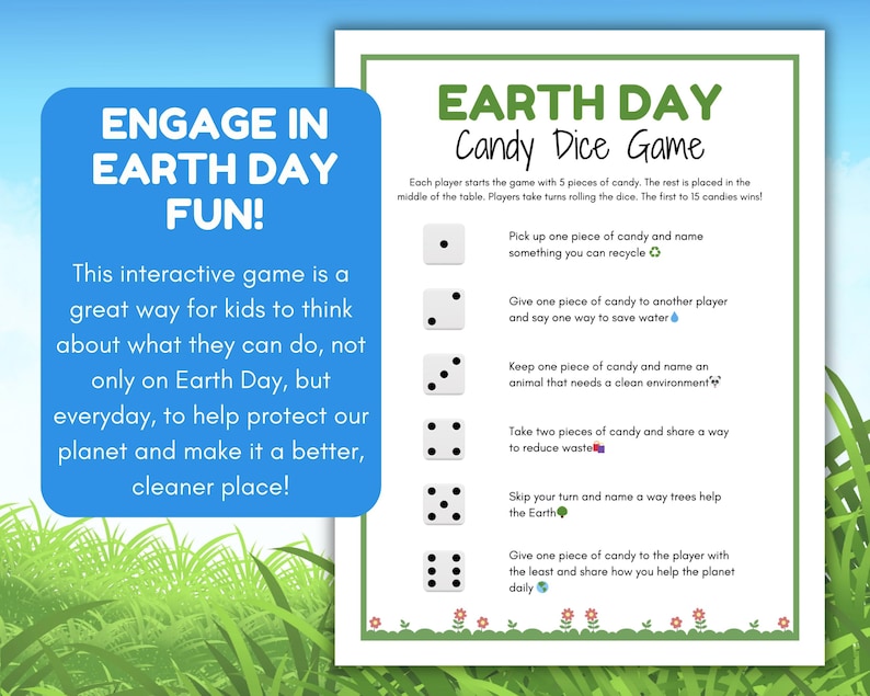 Earth Day Candy Dice Game for Kids, Printable Earth Day Candy Dice Game ...