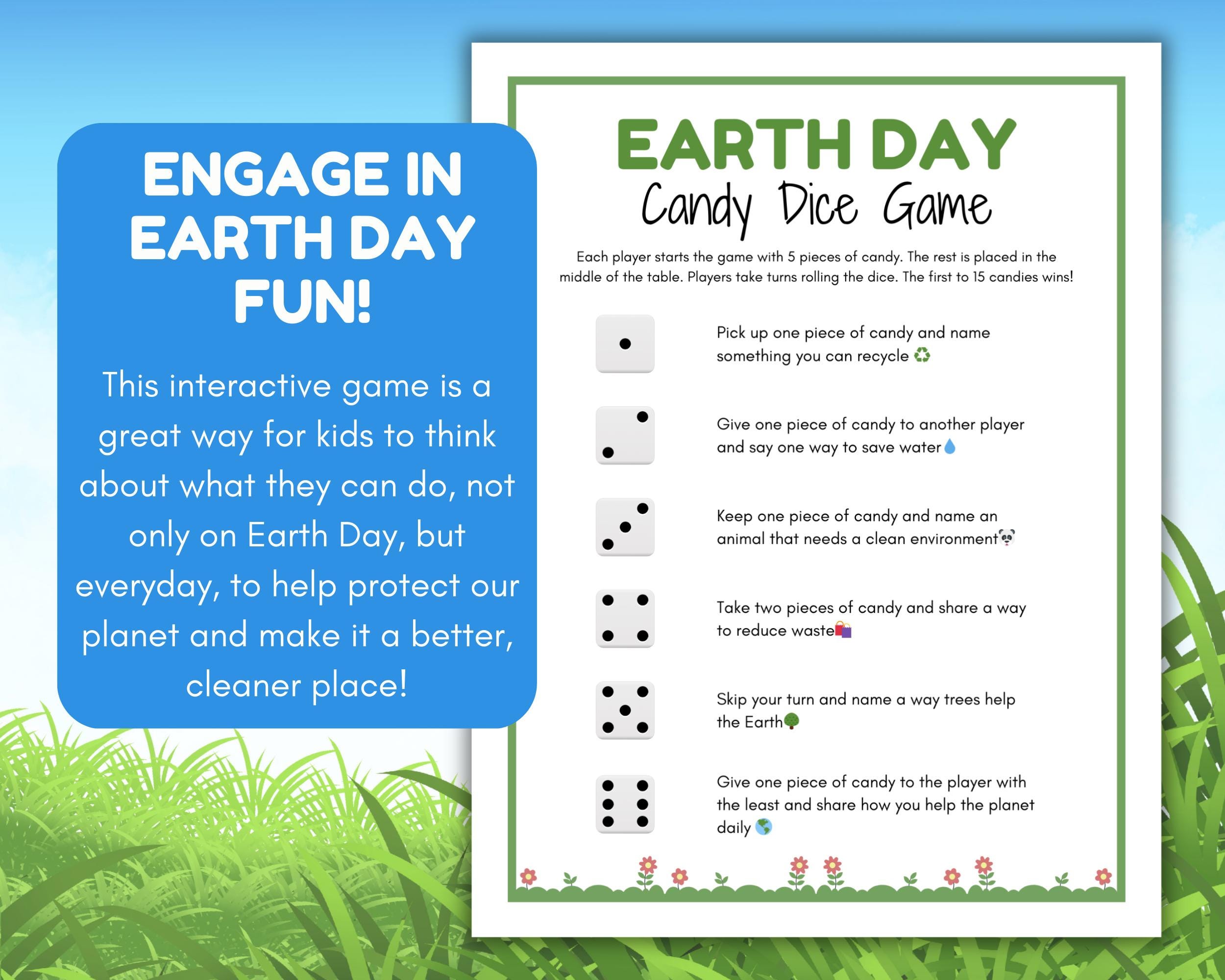 Earth Day Candy Dice Game for Kids, Printable Earth Day Candy Dice Game ...