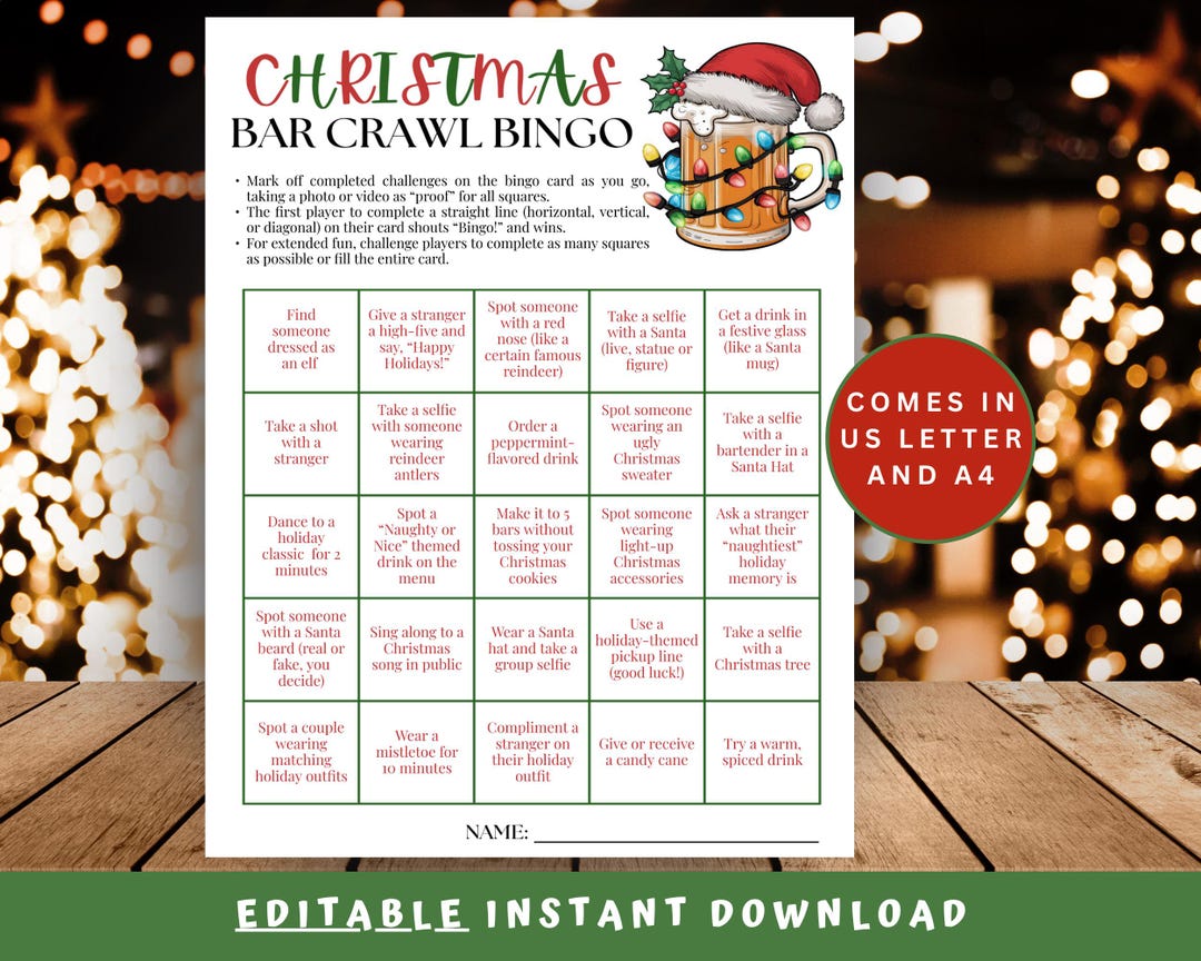 Editable Christmas Bar Crawl Bingo | Christmas Bar Crawl Bingo in US ...