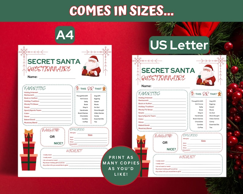 Secret Santa Questionnaire, Slips and Sign-up Sheet | Printable Secret ...
