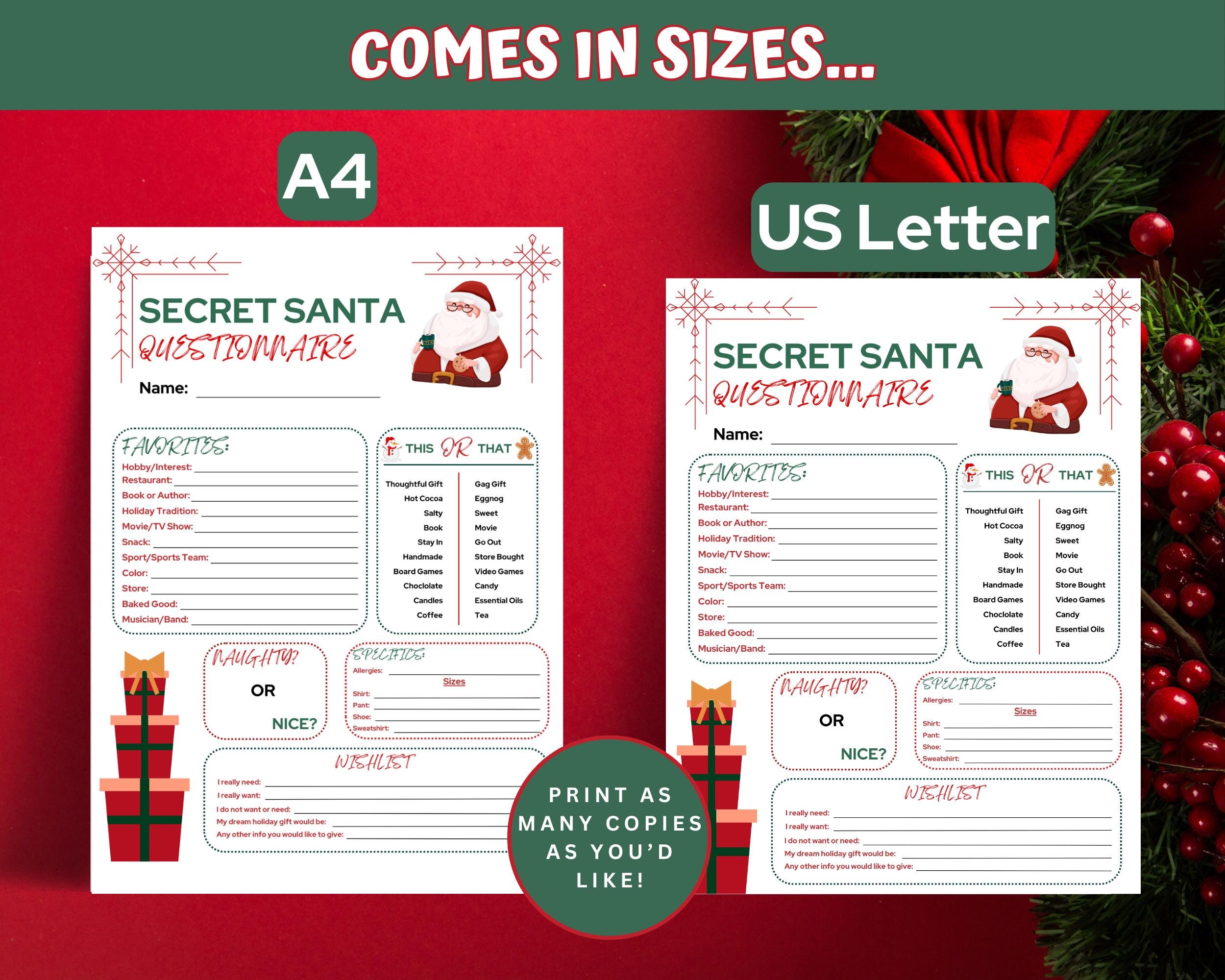 Secret Santa Questionnaire, Slips and Sign-up Sheet | Printable Secret ...