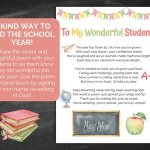 Editable End of School Year Poem, End of Year Gift for Students, Gift ...