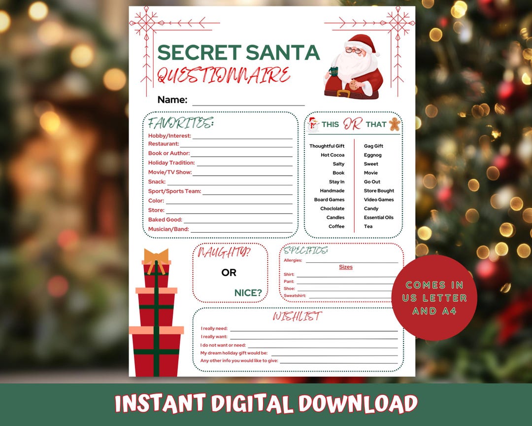Secret Santa Questionnaire, Slips and Sign-up Sheet | Printable Secret ...