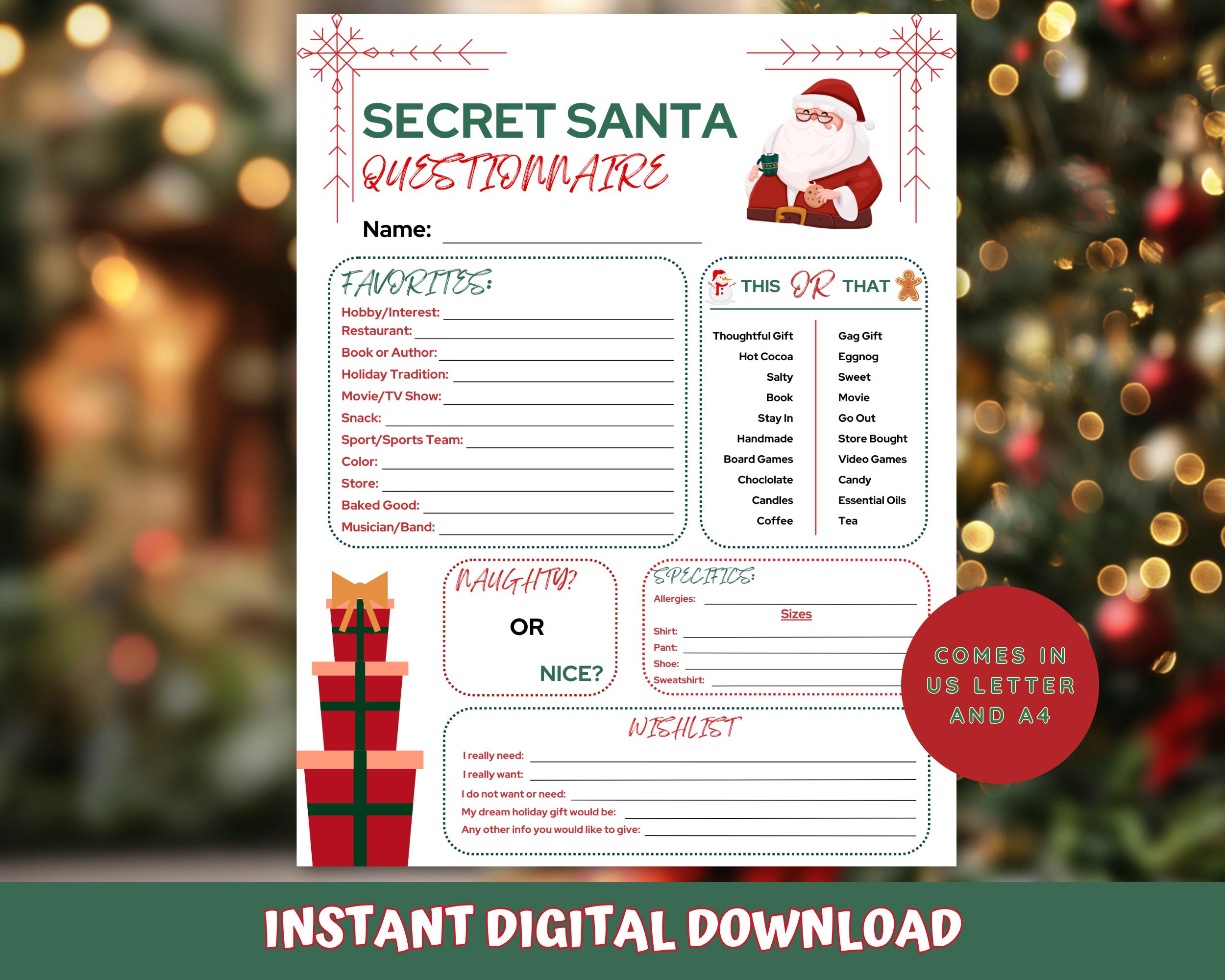 Secret Santa Questionnaire, Slips and Sign-up Sheet | Printable Secret ...