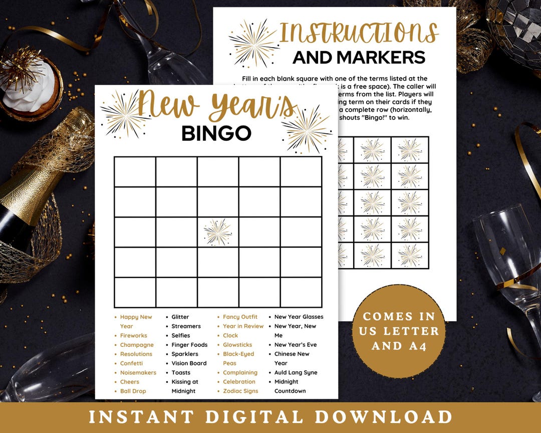 New Year's Bingo and Markers Printable Set | Printable New Year's Bingo ...