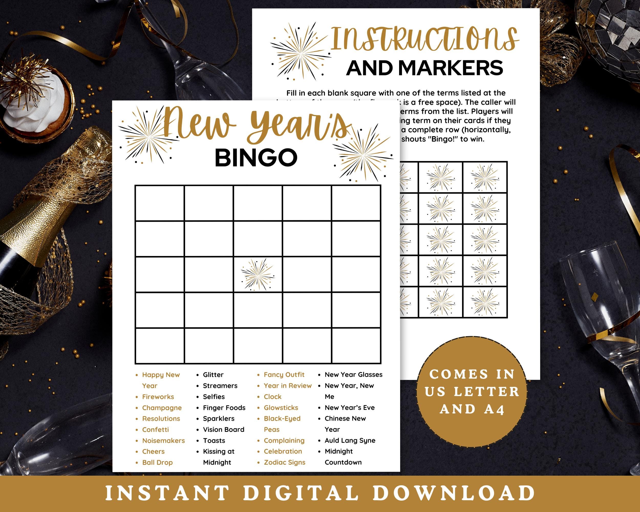 New Year's Bingo and Markers Printable Set | Printable New Year's Bingo ...