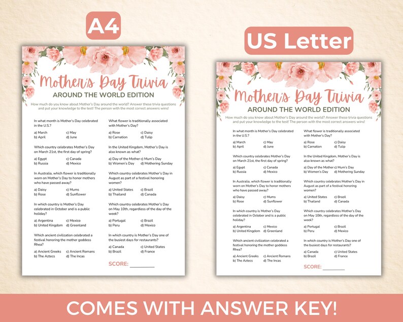 Printable Mother's Day Trivia Game, Mother's Day Brunch Activity ...