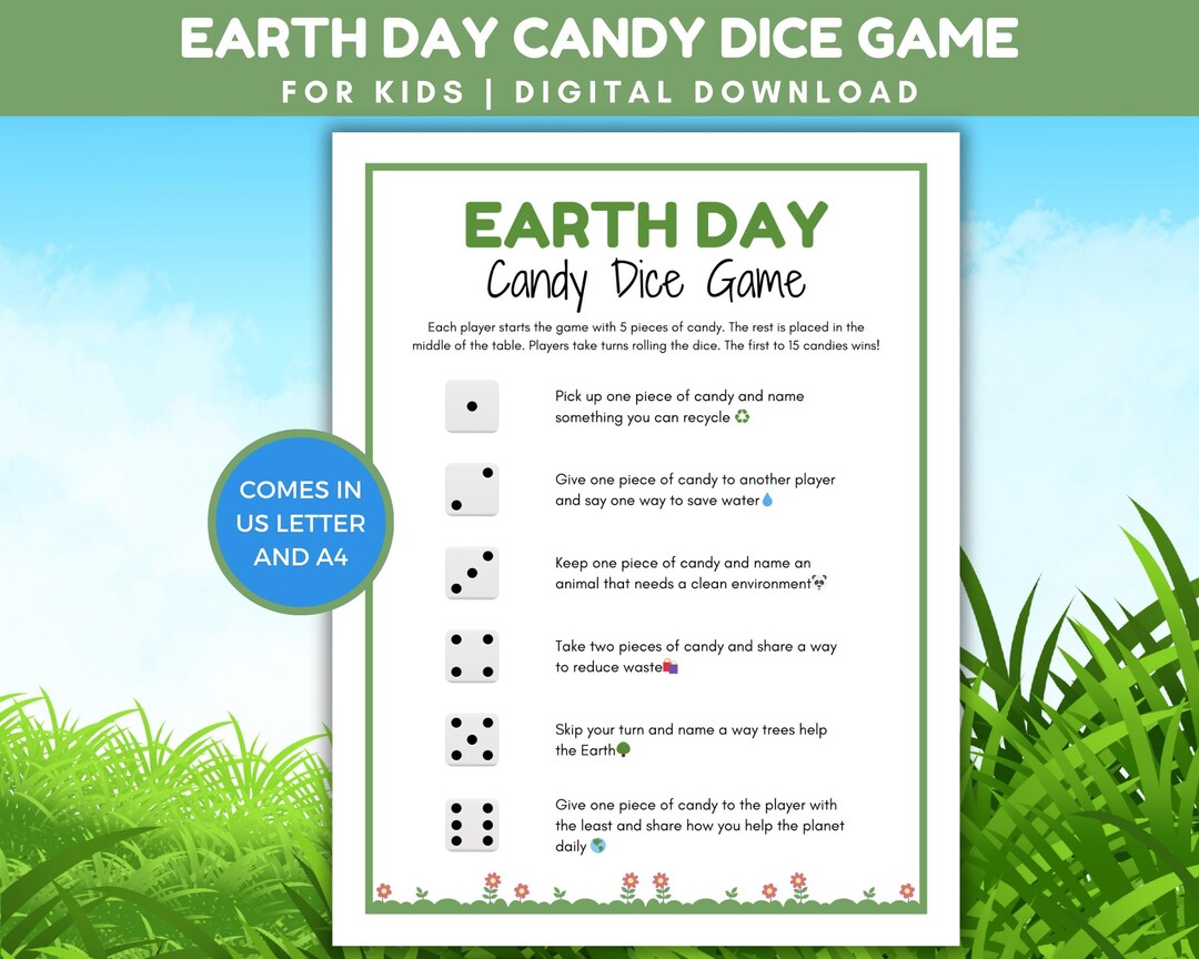 Earth Day Candy Dice Game for Kids, Printable Earth Day Candy Dice Game ...