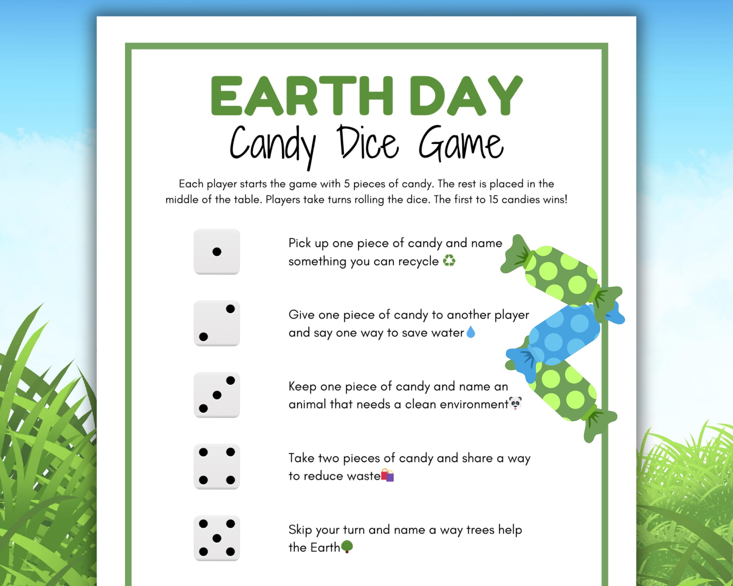 Earth Day Candy Dice Game for Kids, Printable Earth Day Candy Dice Game ...