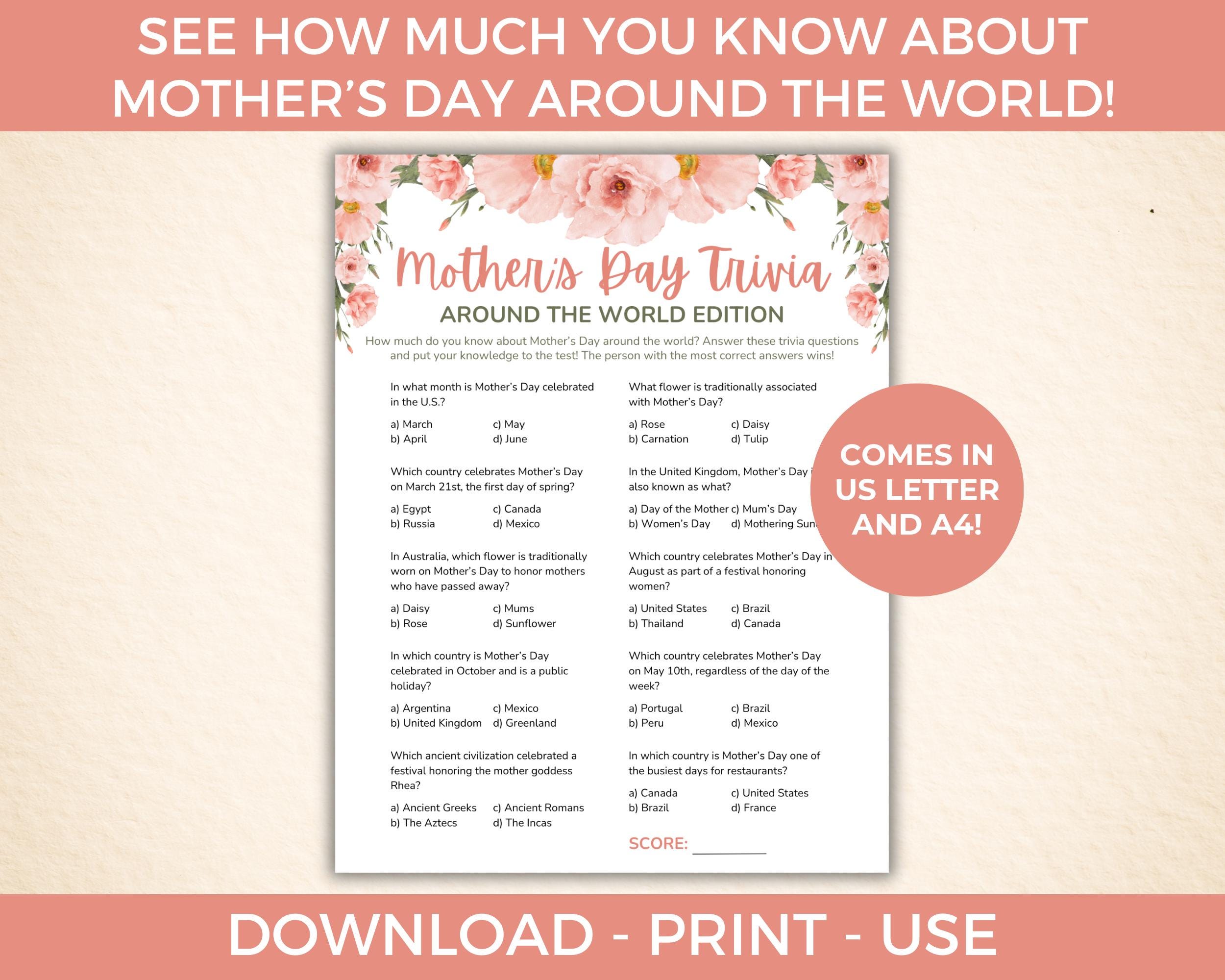 Printable Mother's Day Trivia Game, Mother's Day Brunch Activity ...