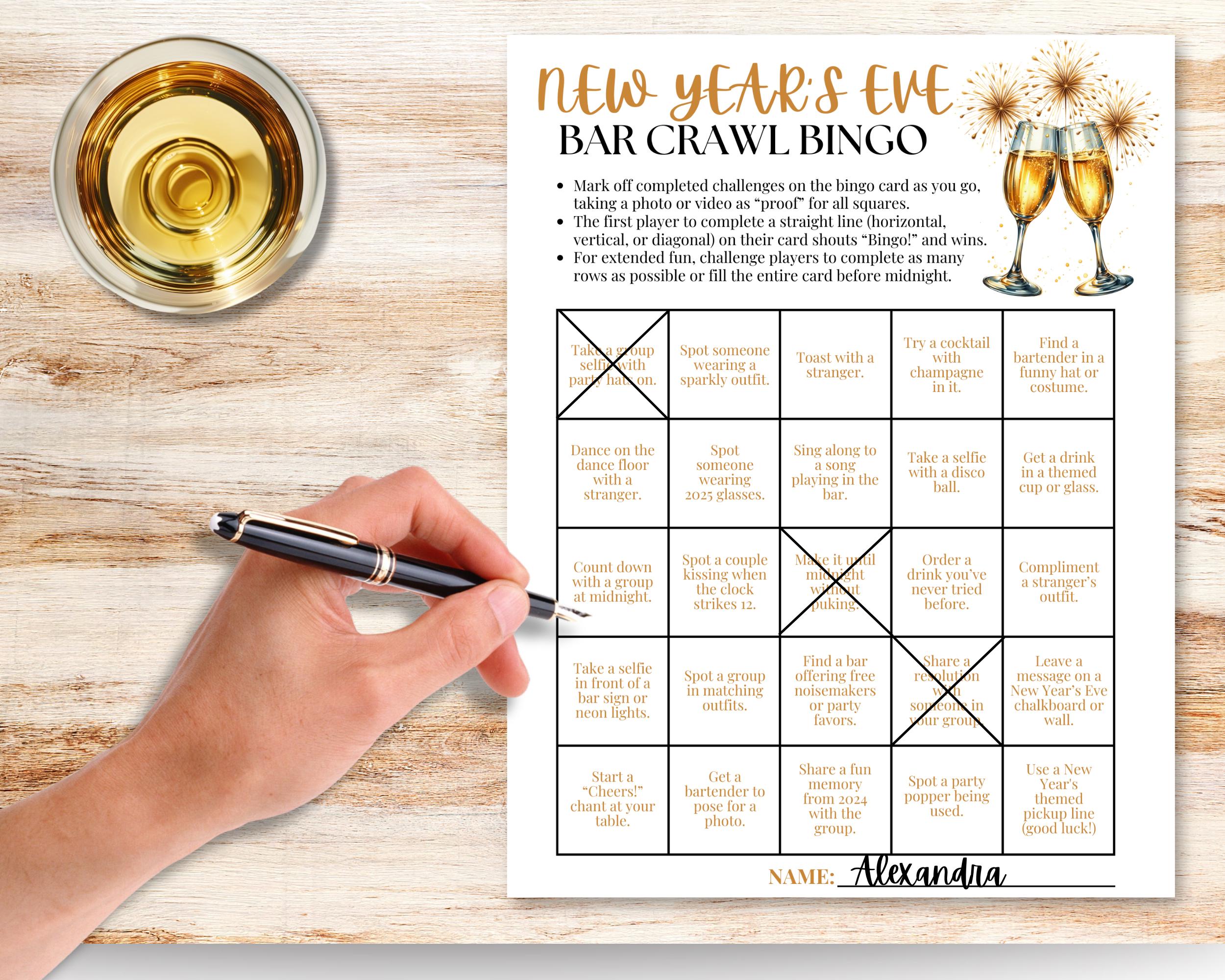 Editable New Year's Eve Bar Crawl Bingo | New Year's Eve Bar Crawl ...