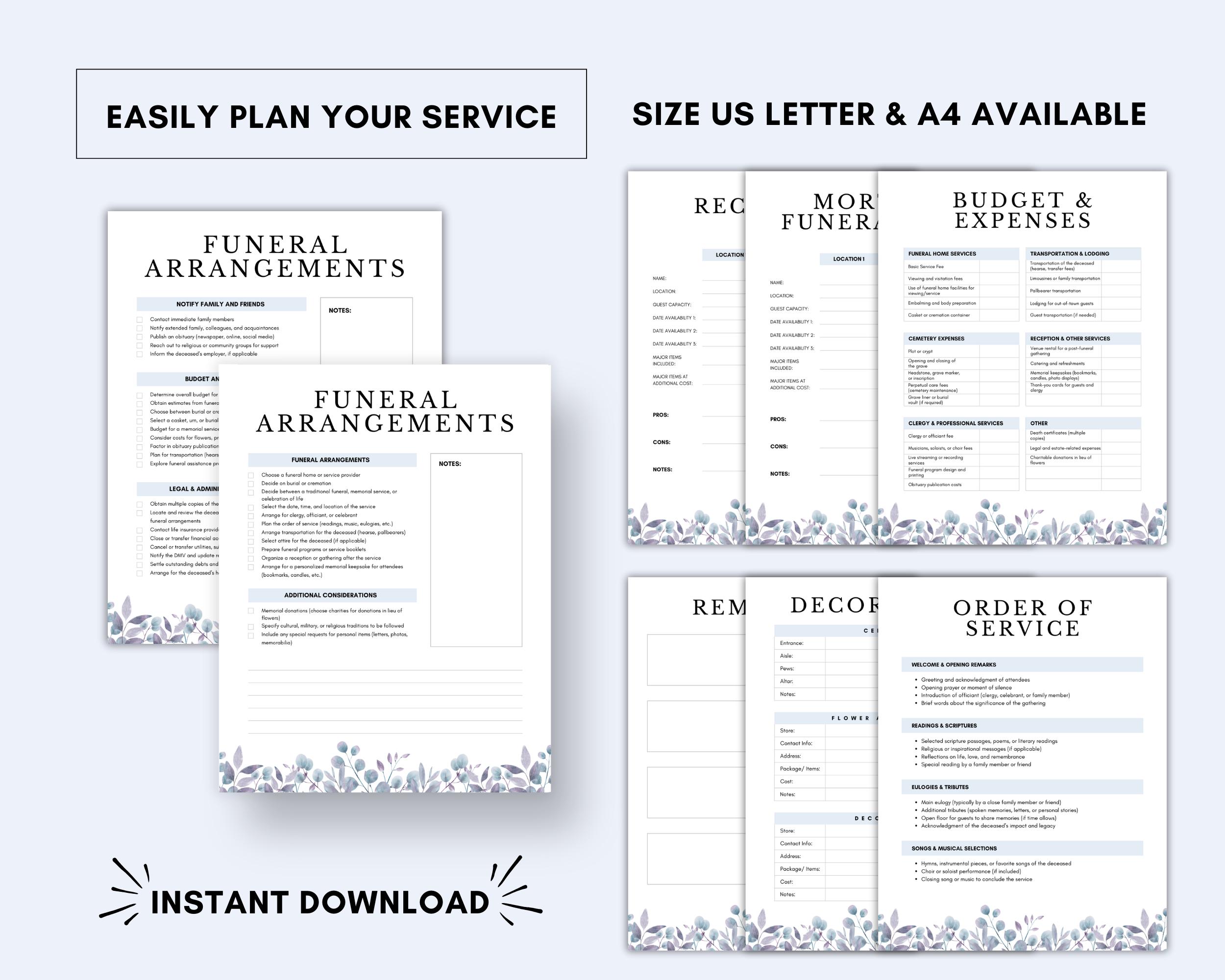 Printable Funeral Service Planner, Celebration of Life Planner, Funeral ...