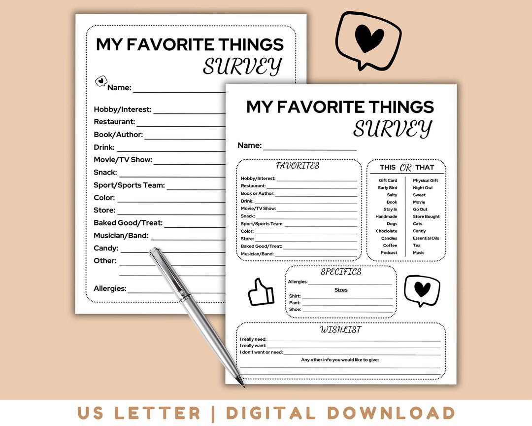 My Favorite Things Survey Fillable PDF, Employee Favorite Things, All ...