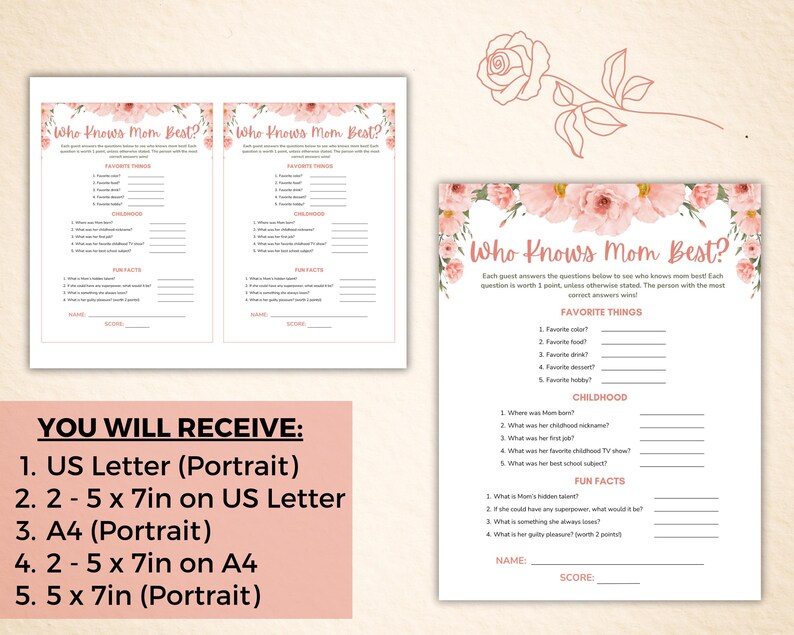 Printable Who Knows Mom Best Game, Mother's Day Game, All About Mom ...